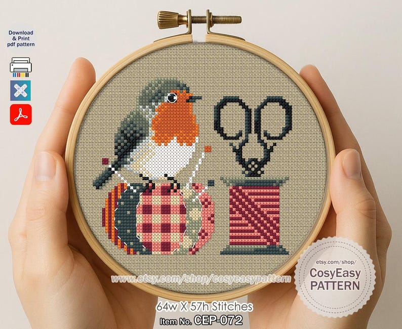 CEP-072 'robin and Sewing' Cross Stitch Pattern Pdf Bird Pincushion ...