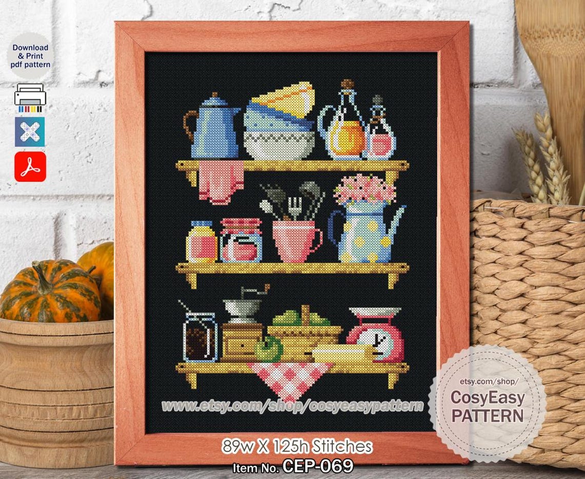 CEP-069 'kitchen Shelves' Cross Stitch Pattern Pdf Beginner Easy Modern ...