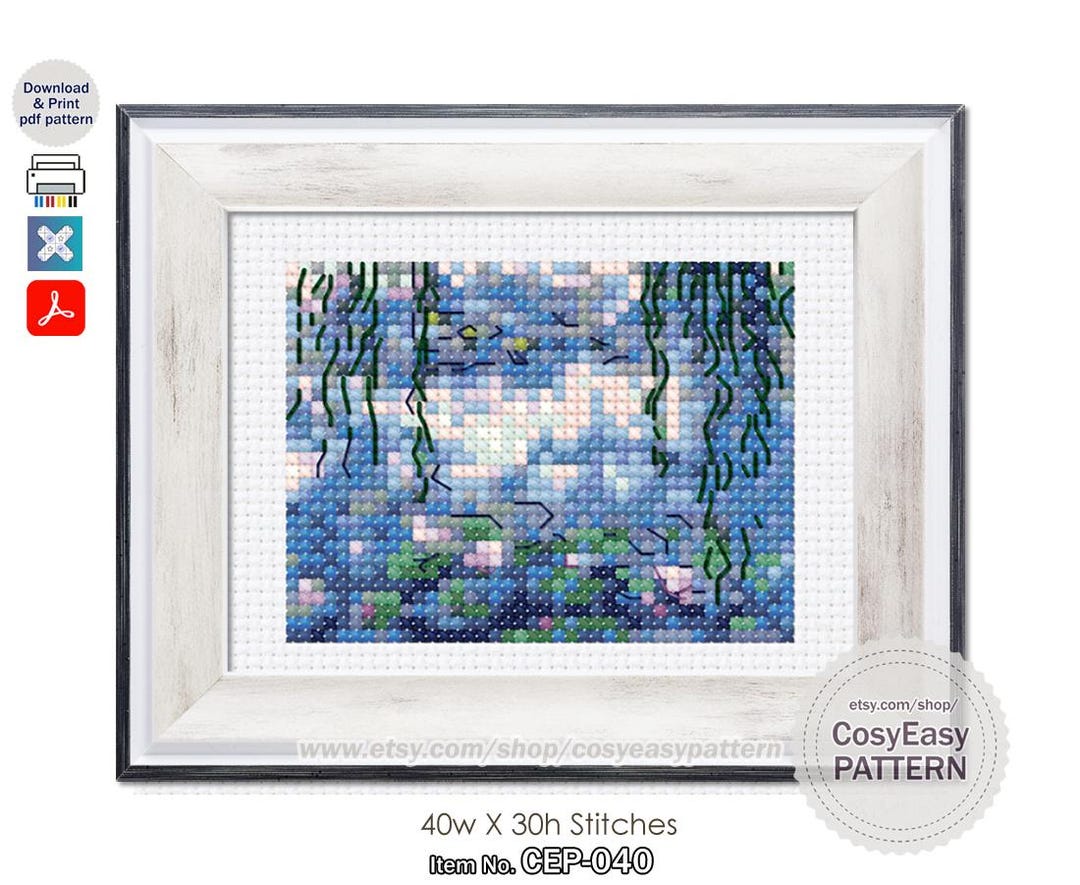 CEP-040 'water Lilies by Claude Monet' Cross Stitch Pattern Pdf Mini Masterpiece Masterwork - Etsy