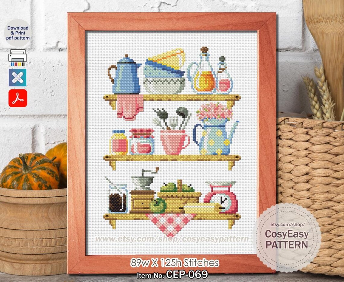 CEP-069 'kitchen Shelves' Cross Stitch Pattern Pdf Beginner Easy Modern ...