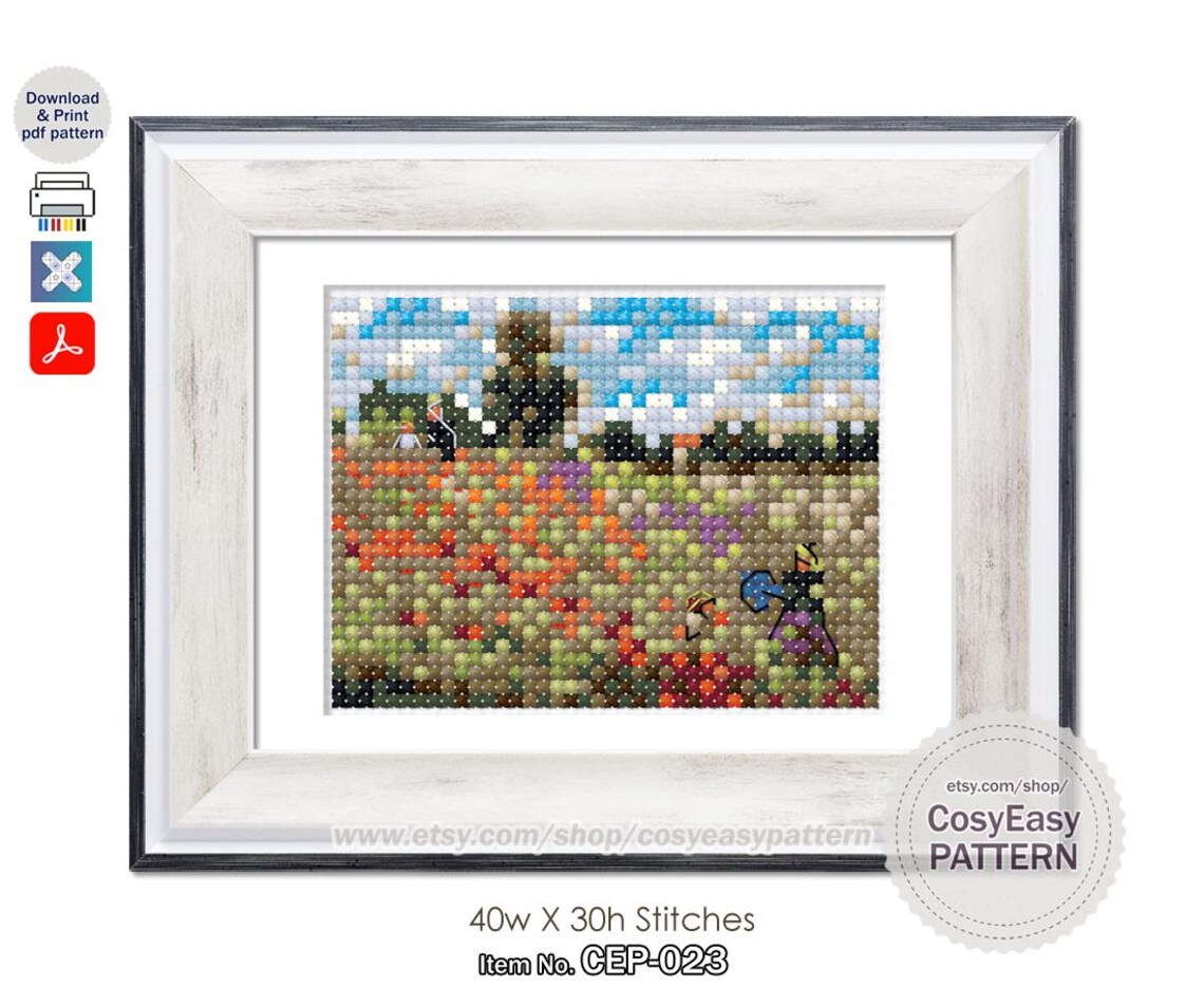 CEP-023 'the Poppy Field by Claude Monet' Cross Stitch Pattern Pdf Landscape Mini Masterpiece ...