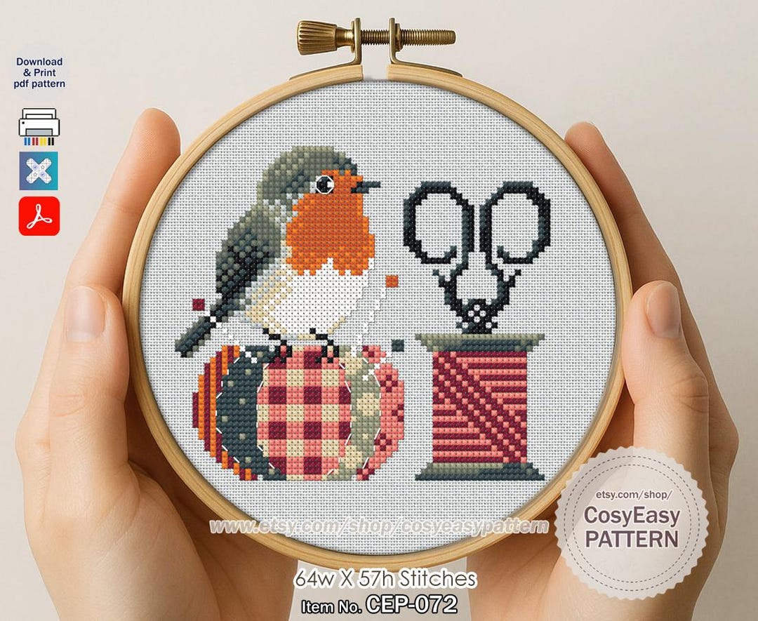 CEP-072 'robin and Sewing' Cross Stitch Pattern Pdf Bird Pincushion ...