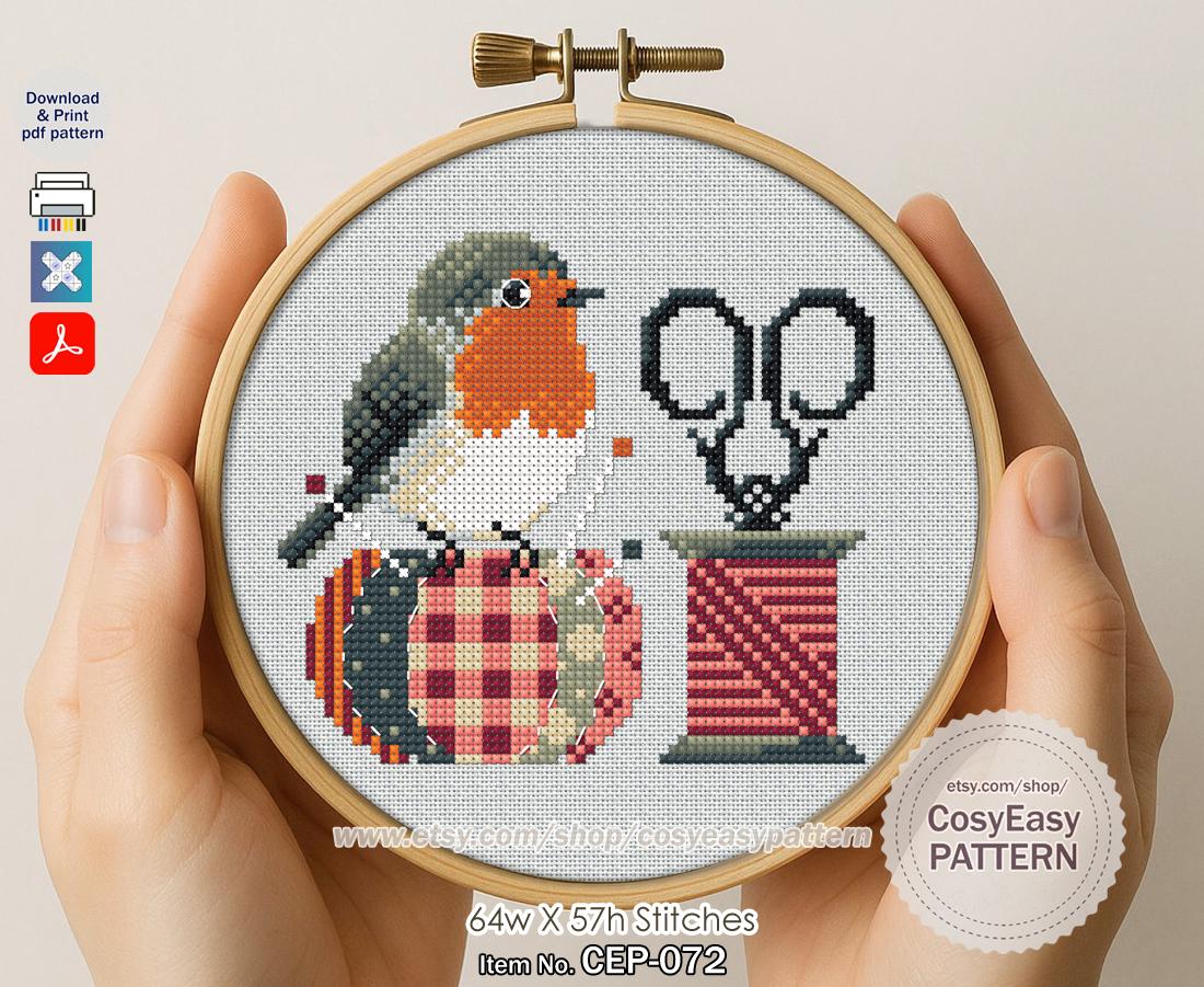 CEP-072 'robin and Sewing' Cross Stitch Pattern Pdf Bird Pincushion ...