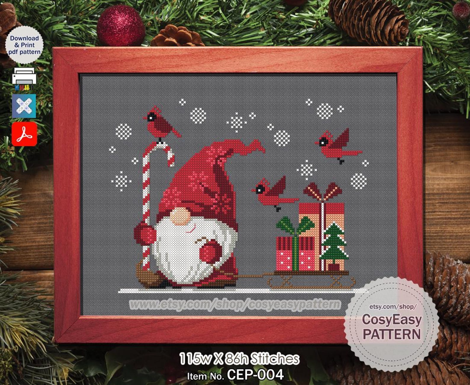 CEP-004 'christmas Gnome' Cross Stitch Pattern Pdf Santa Cardinal ...