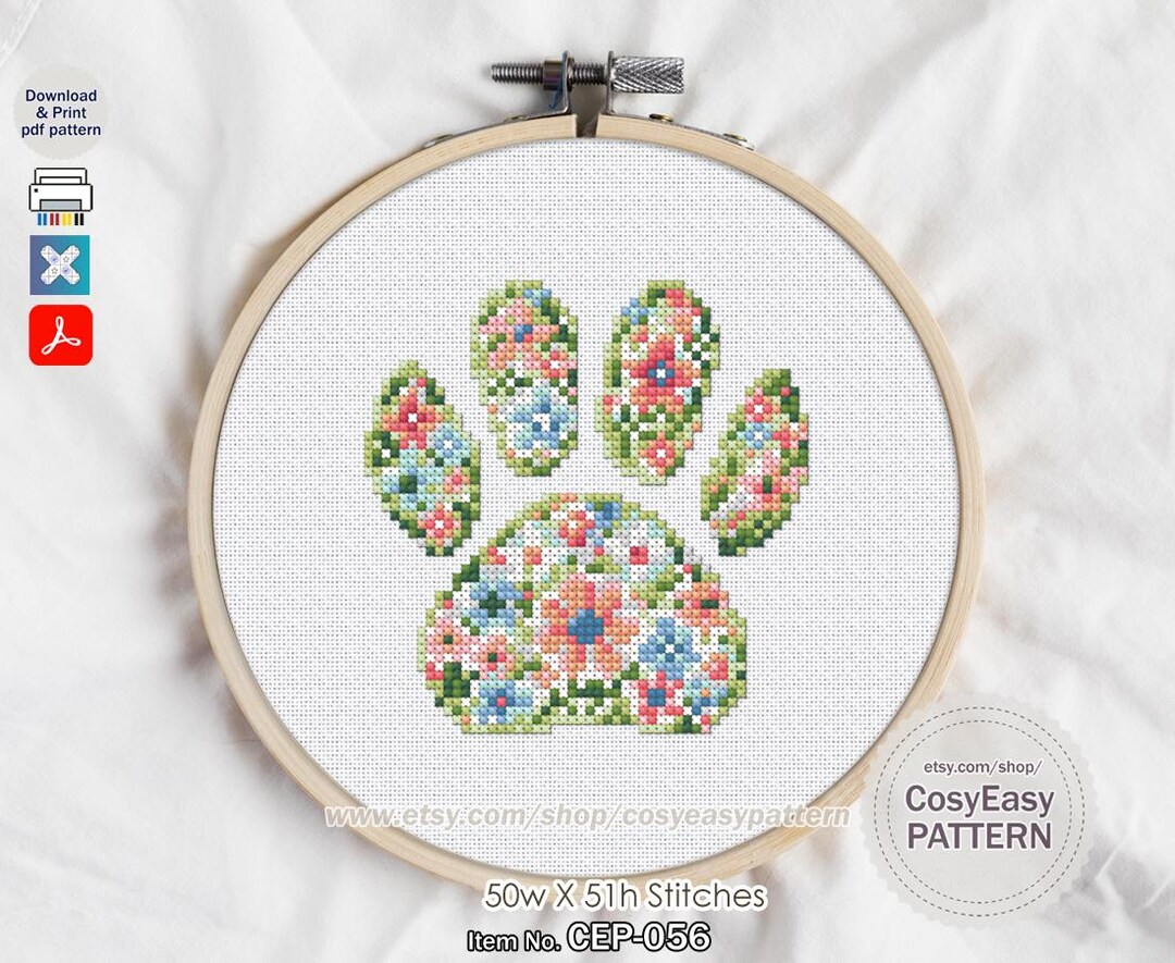 CEP-056 'flower Footprint' Cross Stitch Pattern Pdf Puppy Dog Paw ...