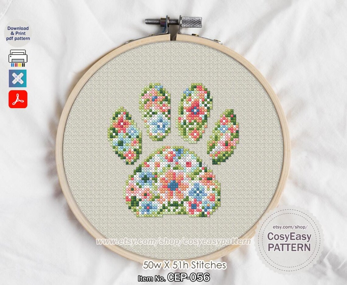 CEP-056 'flower Footprint' Cross Stitch Pattern Pdf Puppy Dog Paw - Etsy