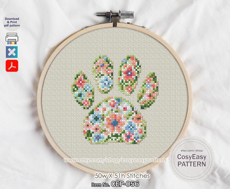 CEP-056 'flower Footprint' Cross Stitch Pattern Pdf Puppy Dog Paw - Etsy