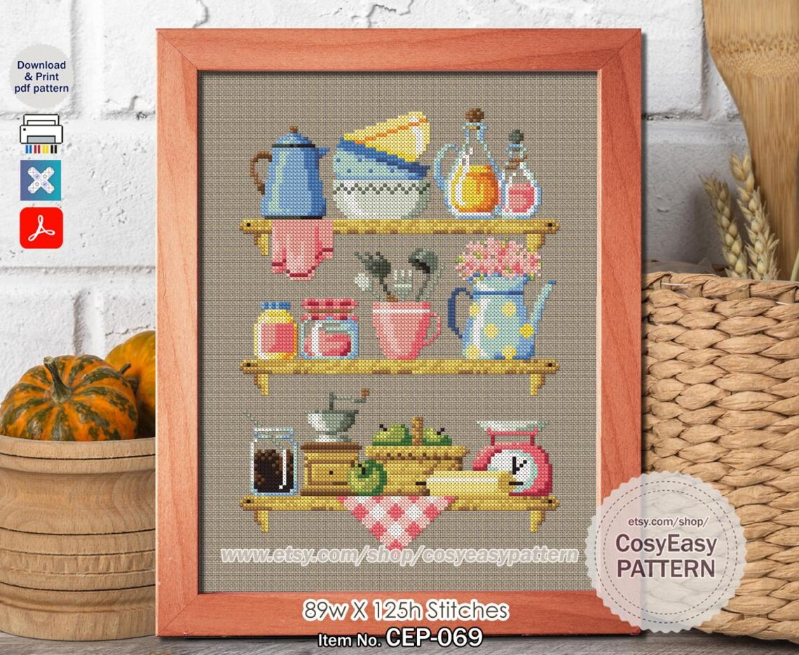 CEP-069 'kitchen Shelves' Cross Stitch Pattern Pdf Beginner Easy Modern ...