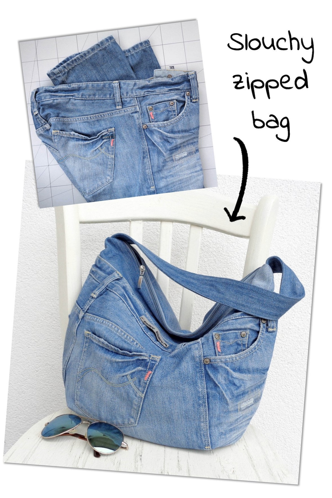 DIY Denim Bag Sewing Pattern Slouchy Zipper Bag 2 Sizes Bag | Etsy