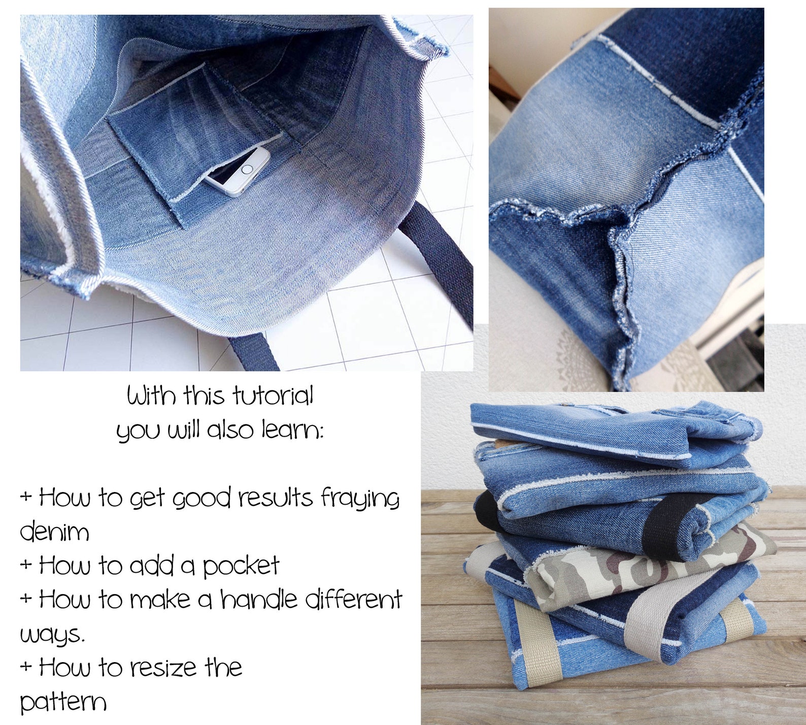 Reverse Seams Tote Bag Sewing Pattern, Jean Handbag DIY, Printable PDF ...