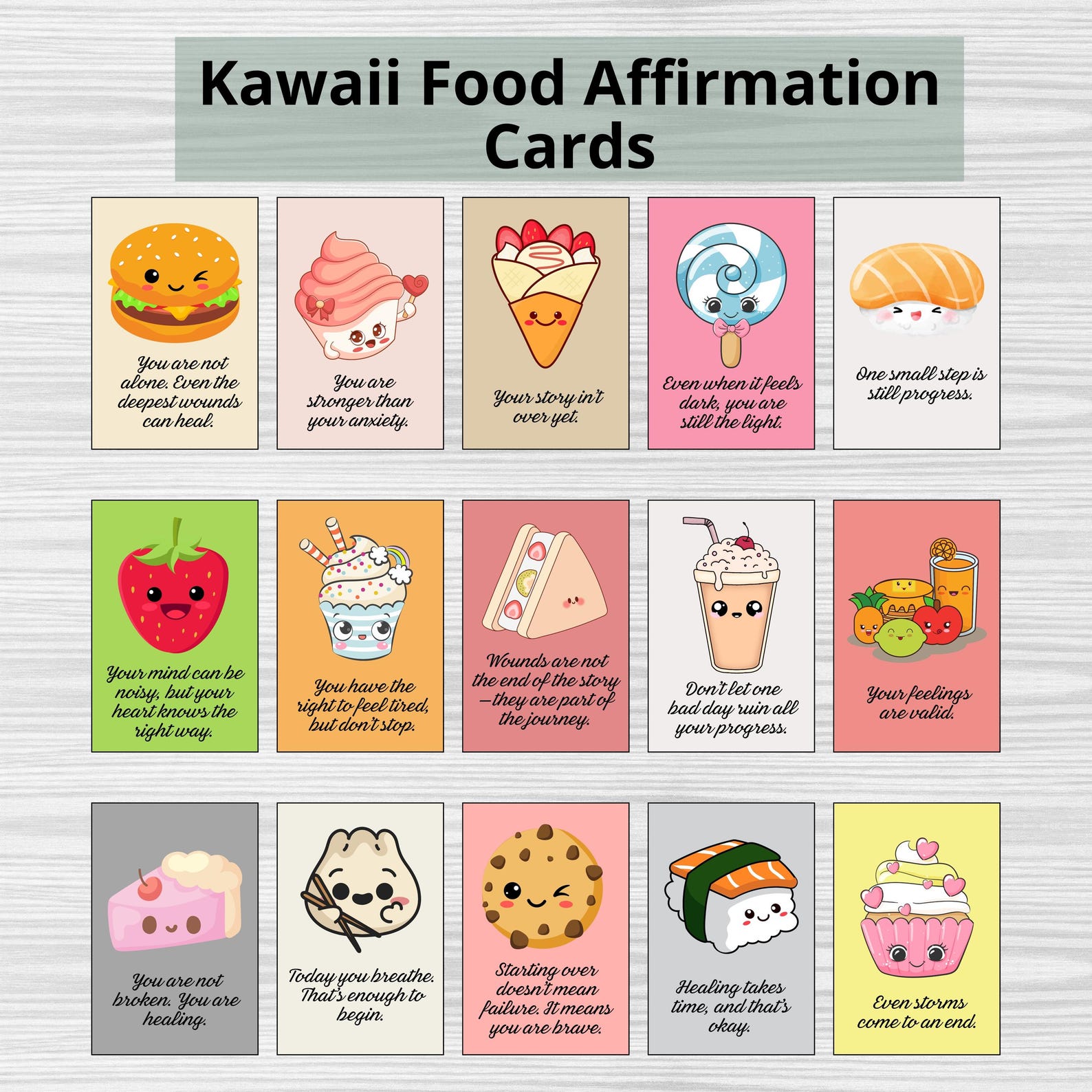 Kawaii Food Affirmation Cards – 50 Cute Motivational Quotes for Self ...