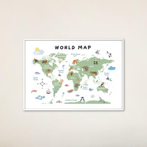 Kids World Map Poster – Animals, Educational Nursery Art (digital ...