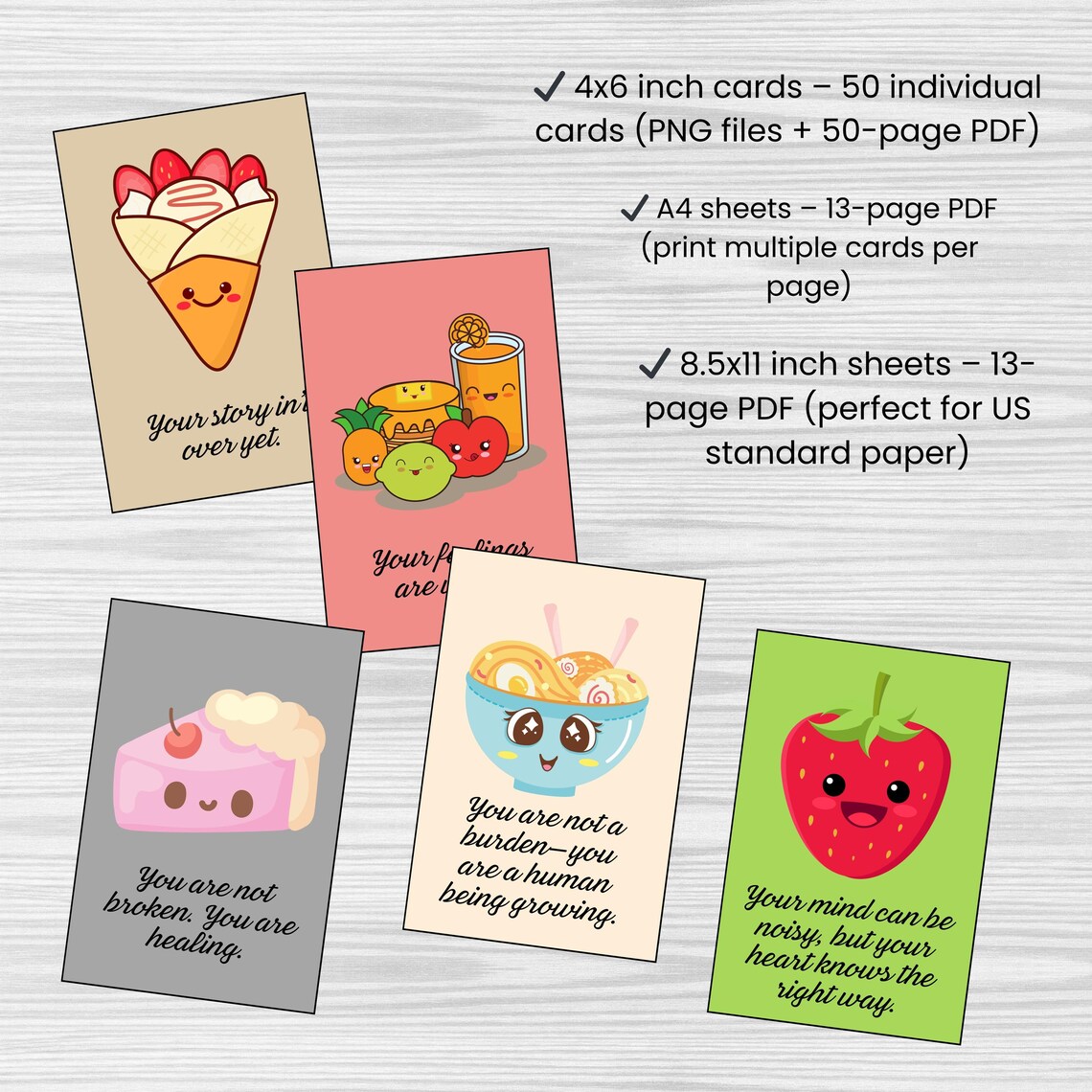 Kawaii Food Affirmation Cards – 50 Cute Motivational Quotes for Self ...