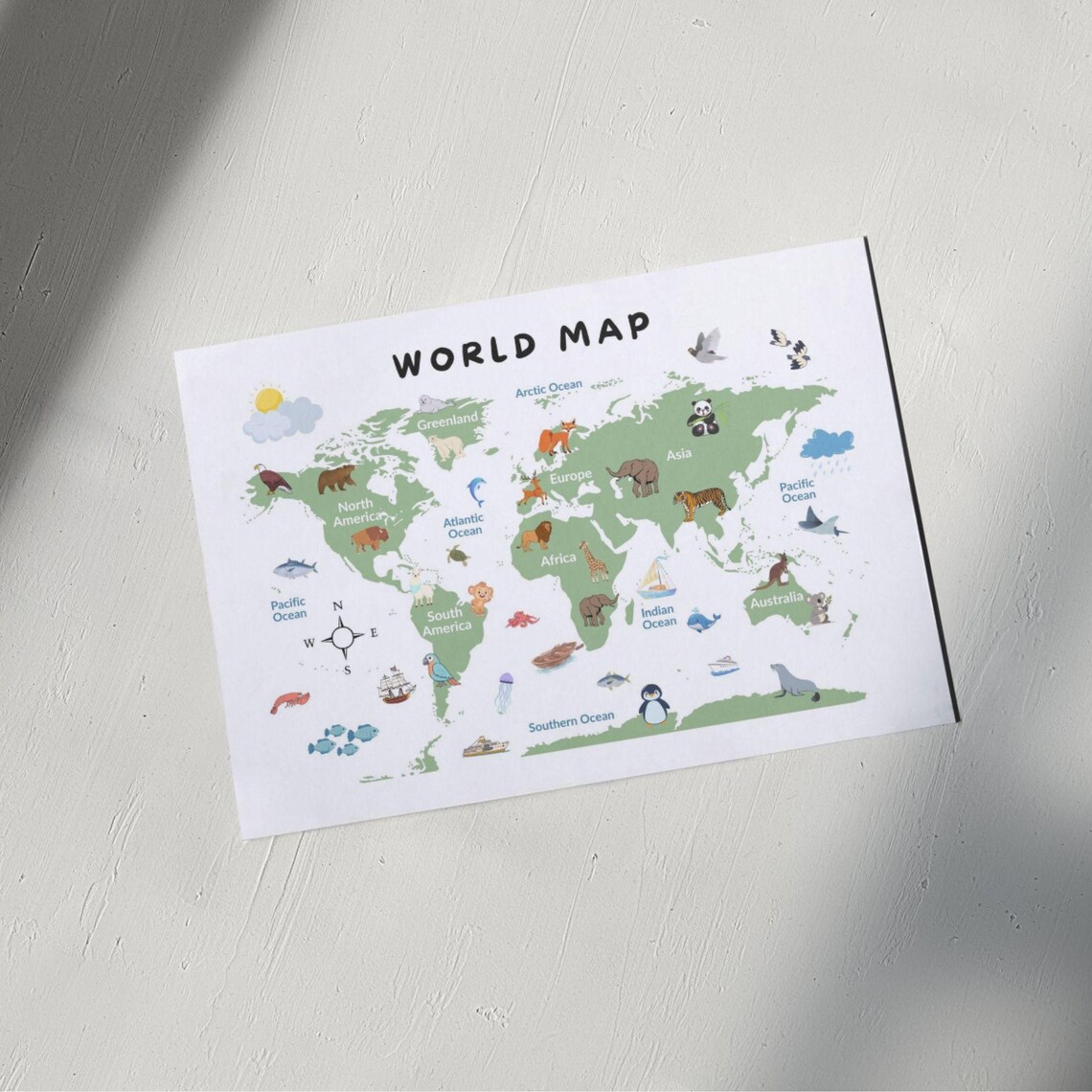 Kids World Map Poster – Animals, Educational Nursery Art (digital ...