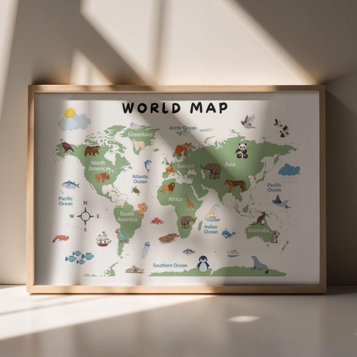 Kids World Map Poster – Animals, Educational Nursery Art (digital ...