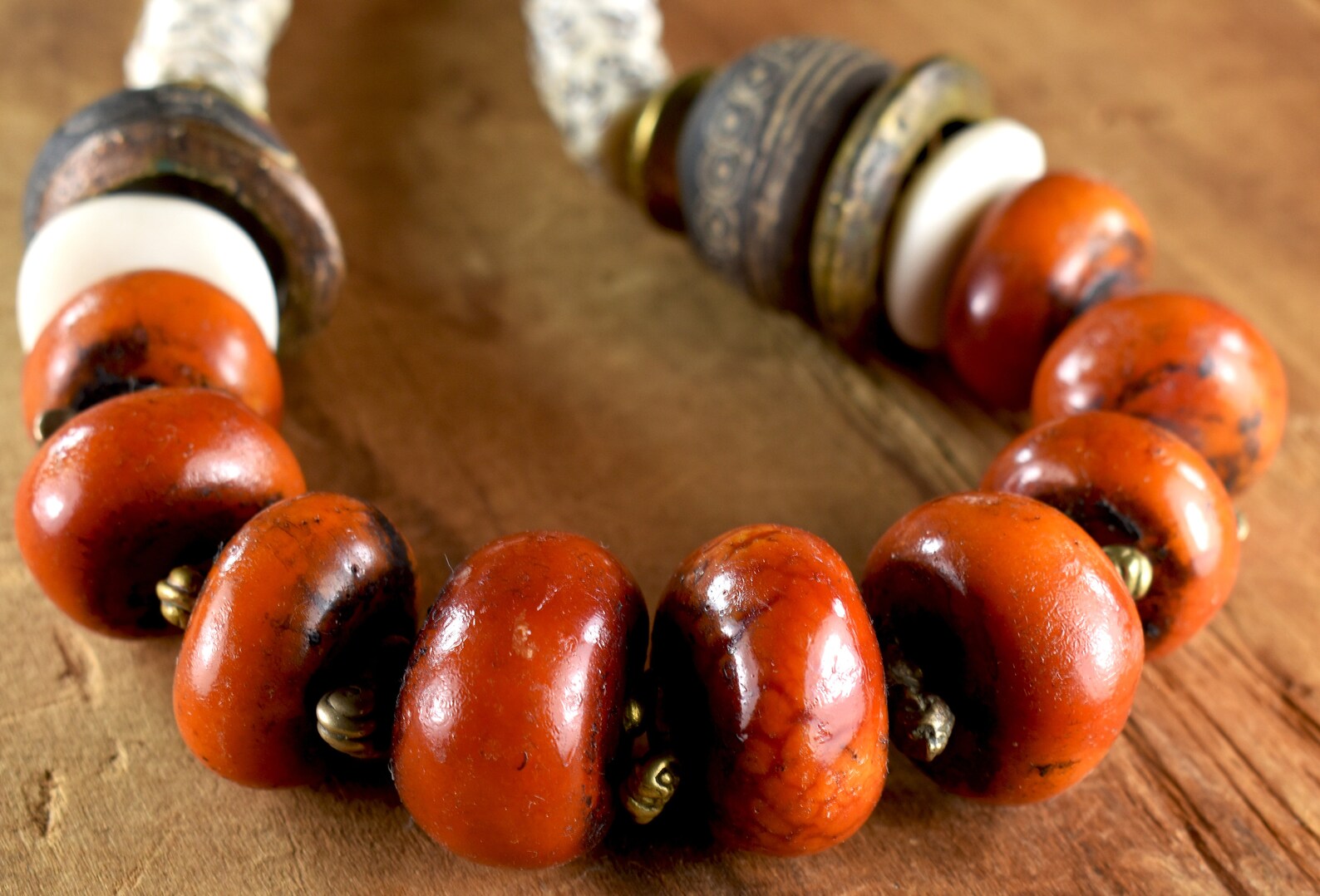 Chunky African Choker, Copal, Djenne Clay Beads, Brass, Bone, Tribal ...