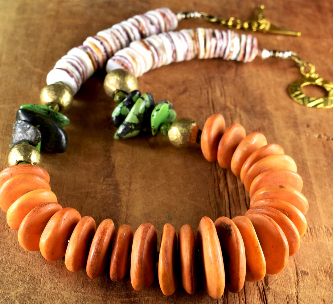 Tribal Bone Necklace, Green Turquoise, Spiney Oyster, Ox Bone, Handmade ...