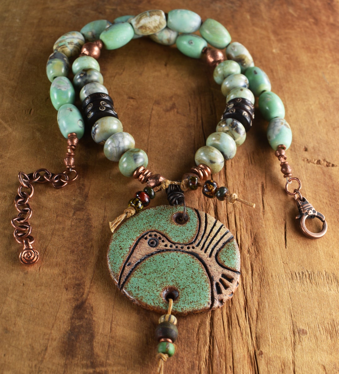 Bird Pendant, Primitive Necklace, Aqua, Sea Green, Copper, Happy Fish ...
