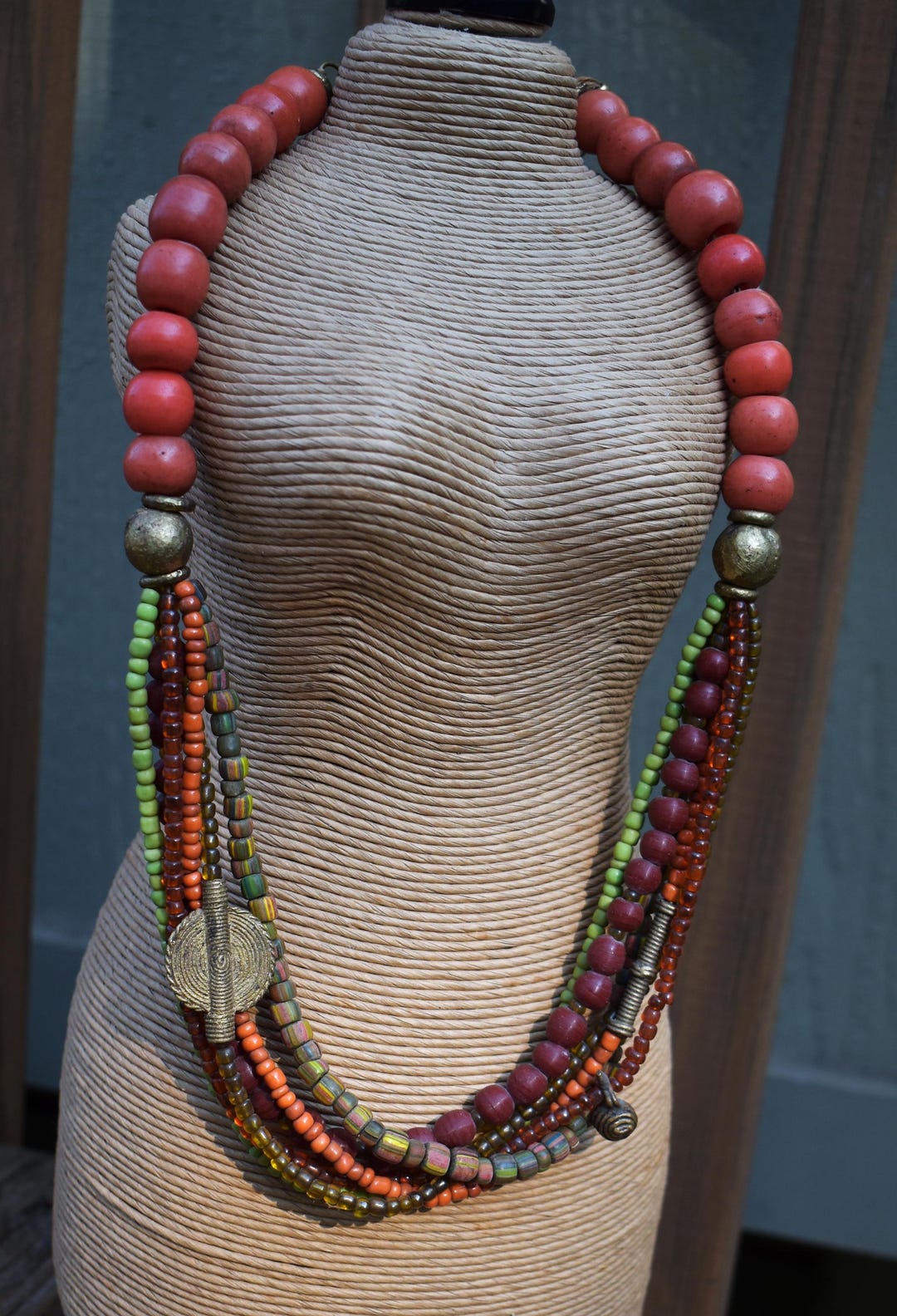 African Style Multi-strand Necklace, Vintage Olumbo, Trade Beads, Red ...