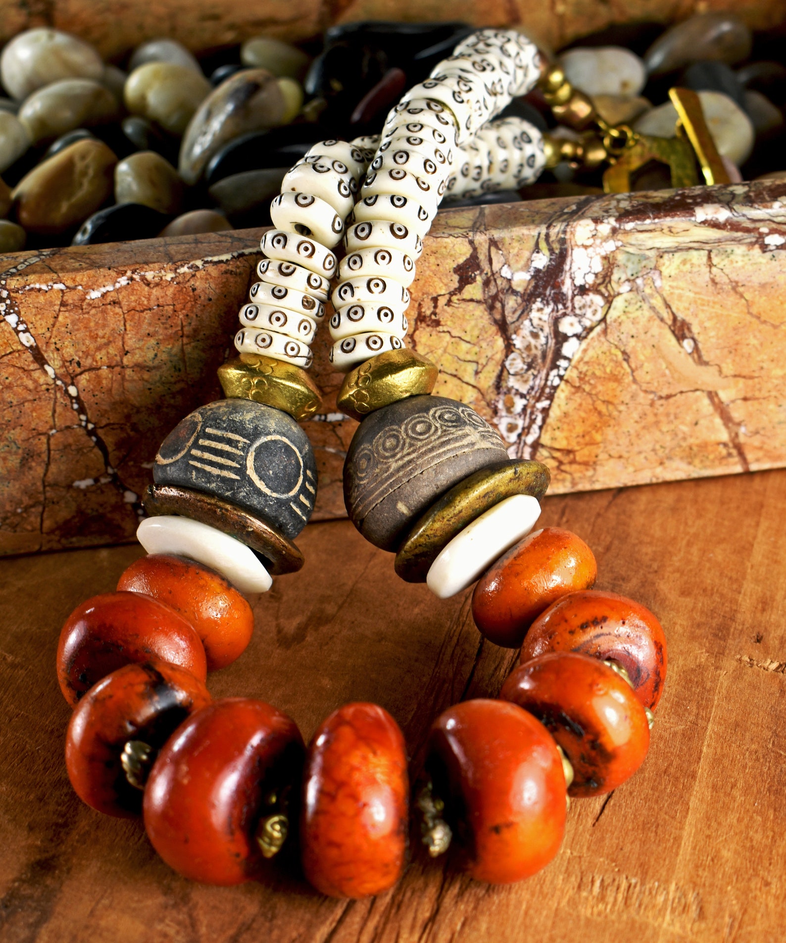 Chunky African Choker, Copal, Djenne Clay Beads, Brass, Bone, Tribal ...