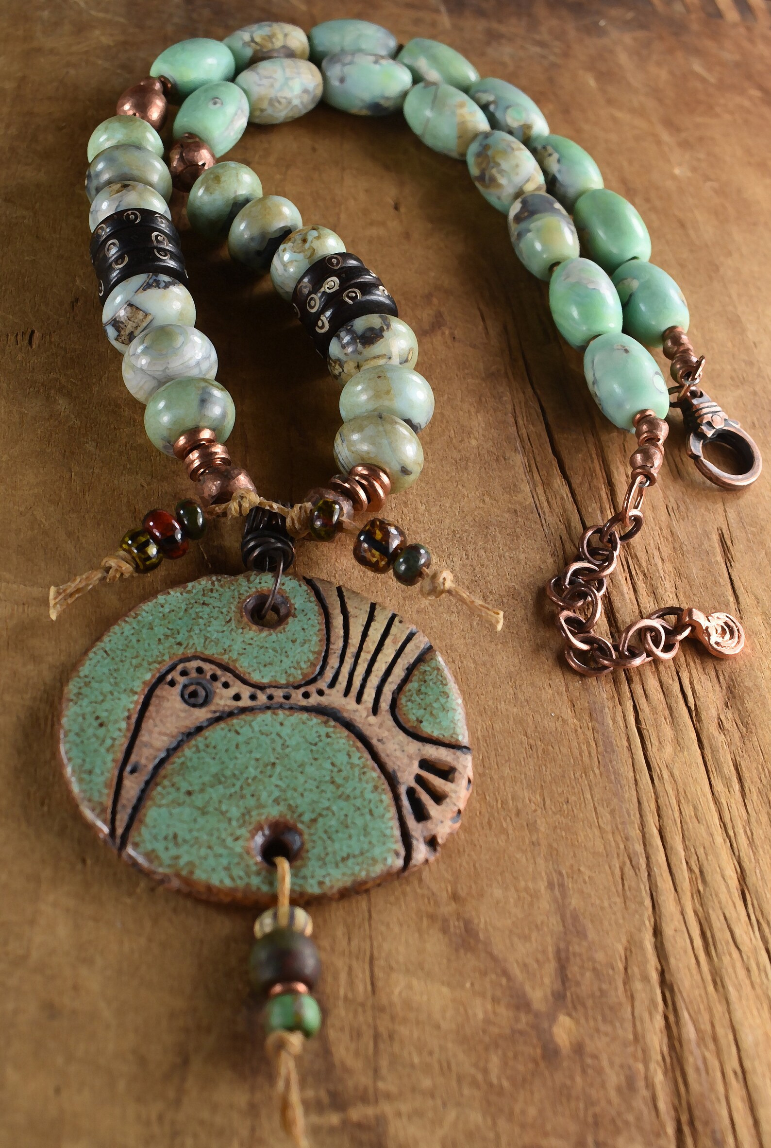 Bird Pendant, Primitive Necklace, Aqua, Sea Green, Copper, Happy Fish ...