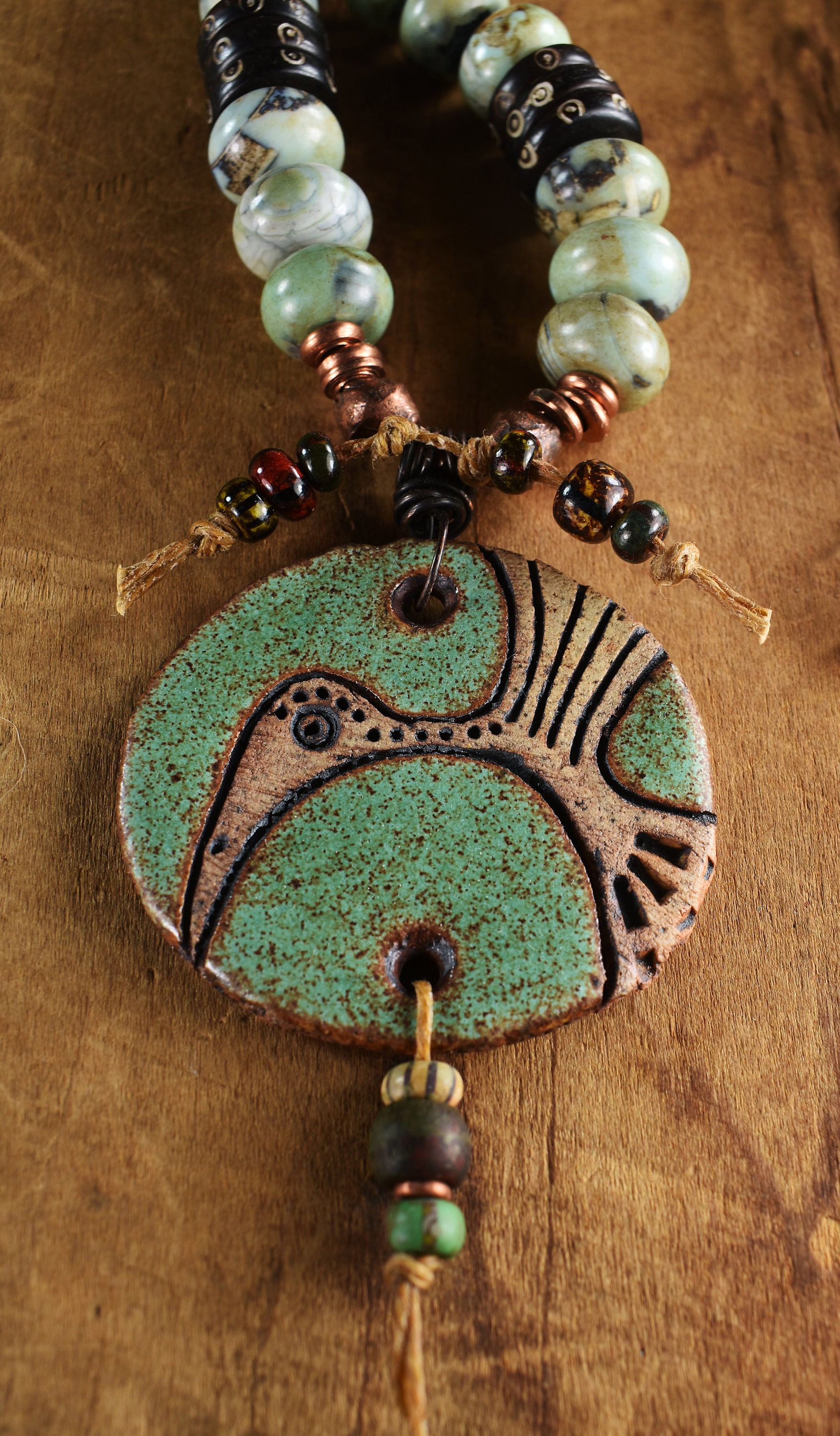 Bird Pendant, Primitive Necklace, Aqua, Sea Green, Copper, Happy Fish ...