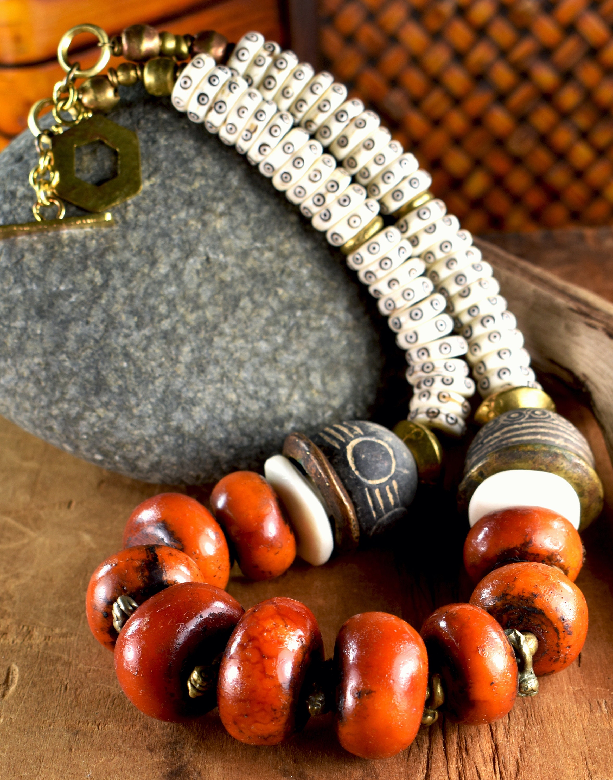 Chunky African Choker, Copal, Djenne Clay Beads, Brass, Bone, Tribal ...