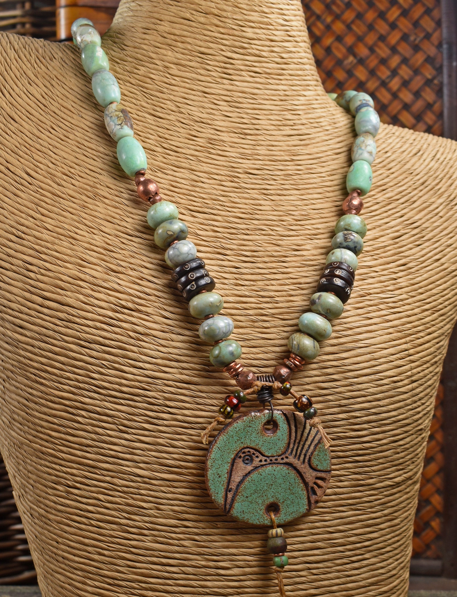 Bird Pendant, Primitive Necklace, Aqua, Sea Green, Copper, Happy Fish ...