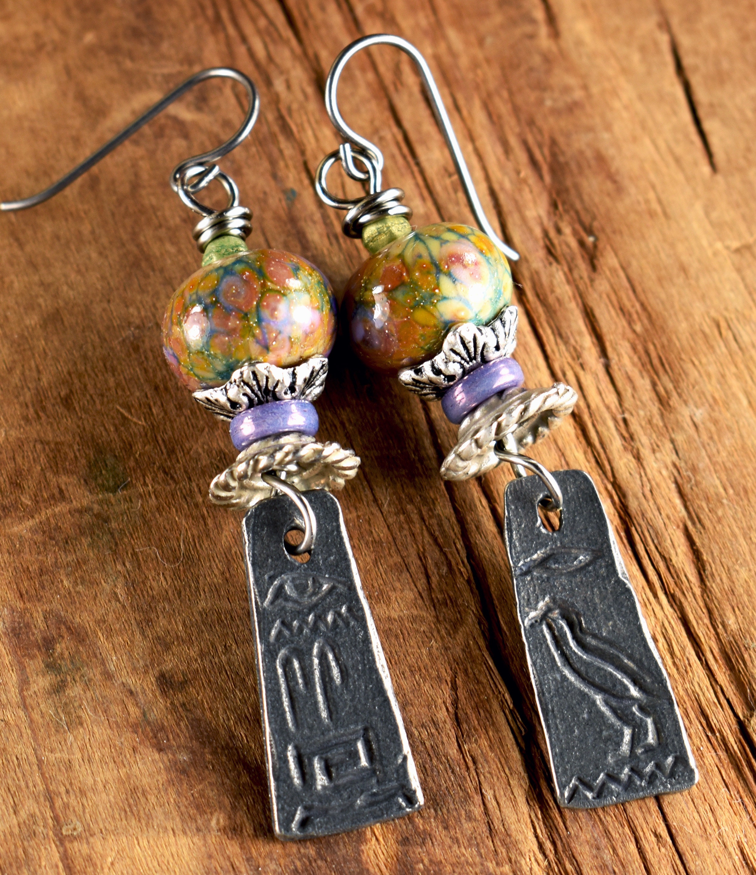 Primitive Glyph Earrings, Inviciti, Lampwork, Artisan, Yellow, Green ...