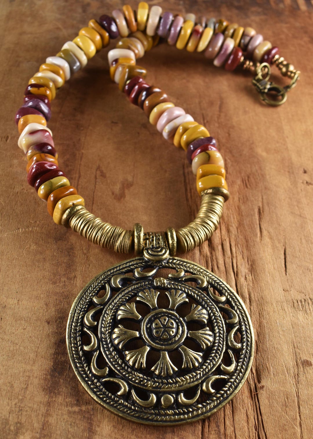 Brass Medallion Pendant Necklace, Mookaite, Burgundy, Yellow, Maroon ...