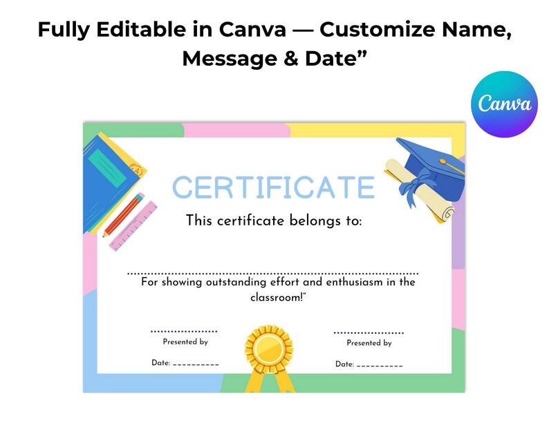 Editable Kids Certificate Template – Printable School Award for ...