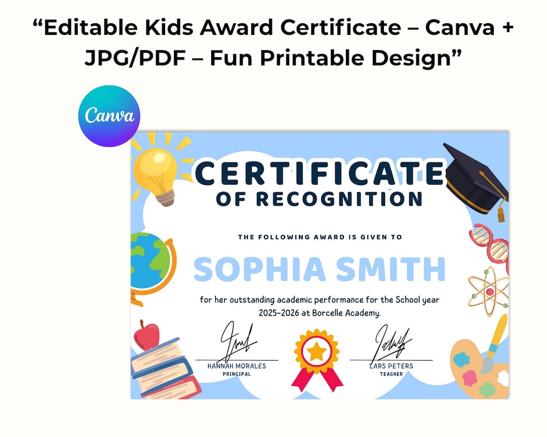 Editable Kids Recognition Certificate | Canva Template + Printable JPG ...