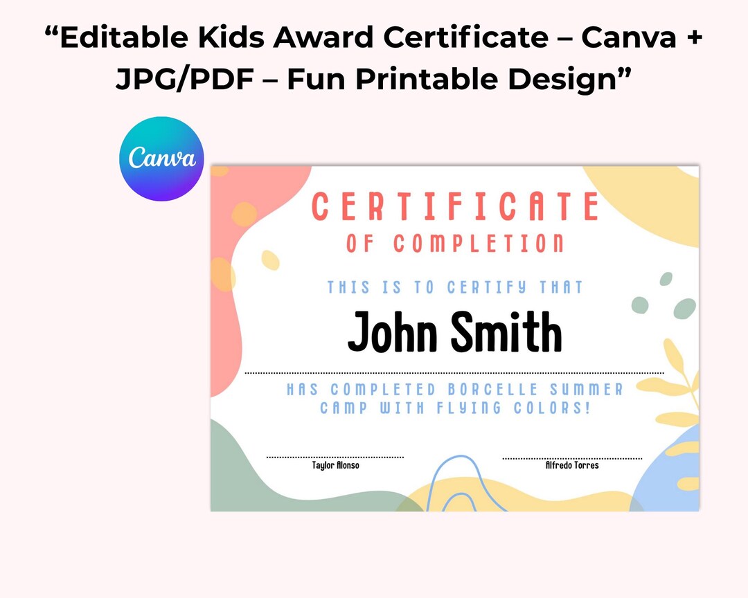 Editable Kids Certificate of Completion | Canva Template + JPG | Summer ...
