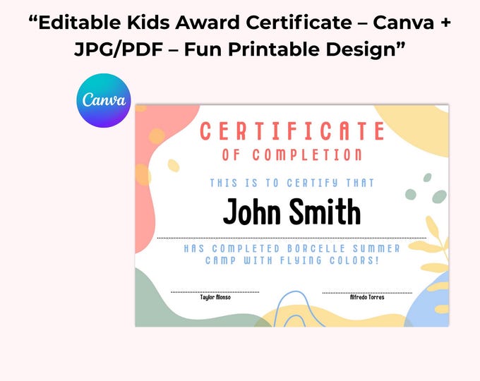 Editable Kids Certificate of Completion | Canva Template + JPG | Summer ...