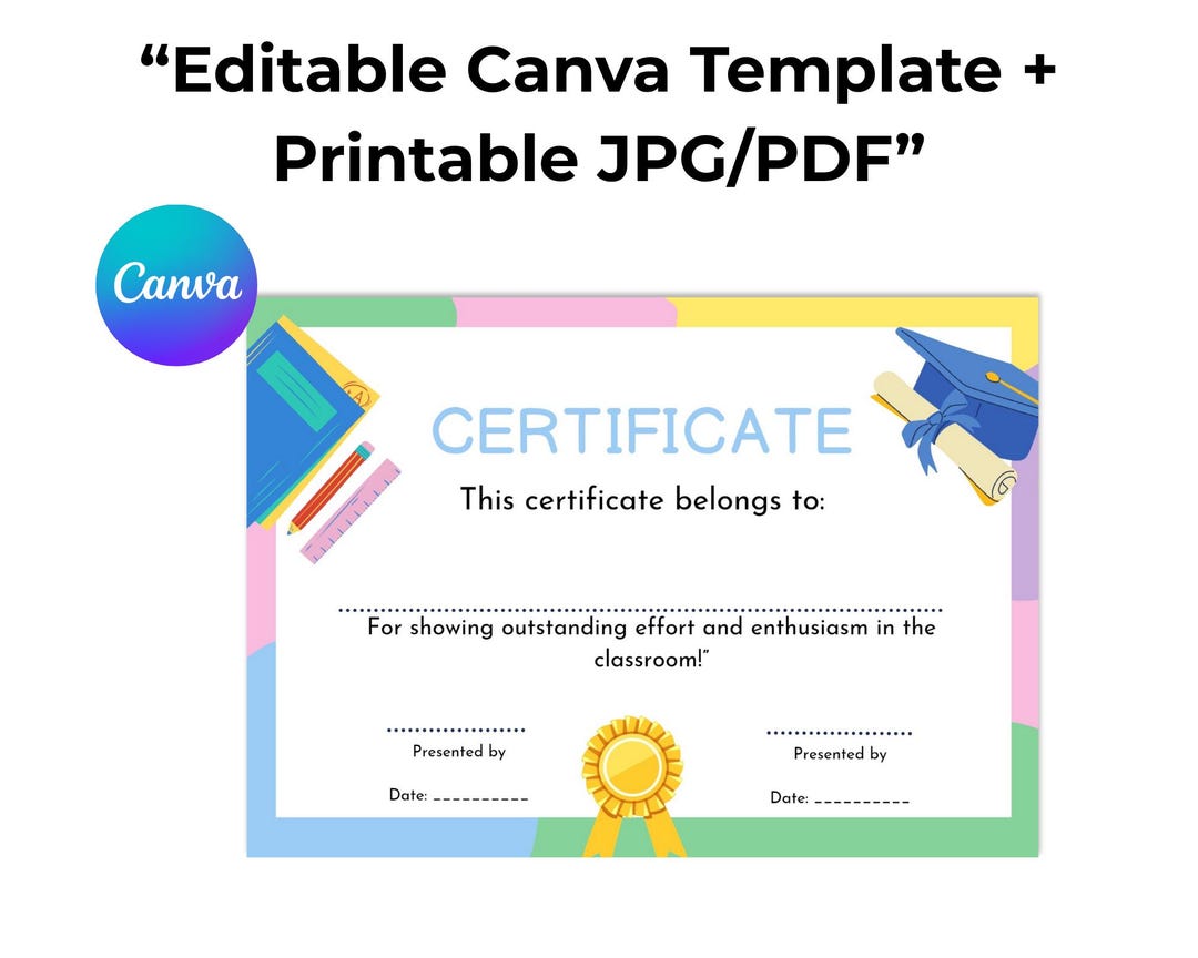 Editable Kids Certificate Template – Printable School Award for ...