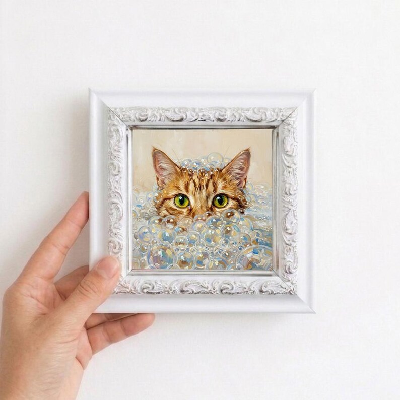 Whimsical Bubble Bath Cat Oil Painting Small Framed Canvas Wall Art - Etsy