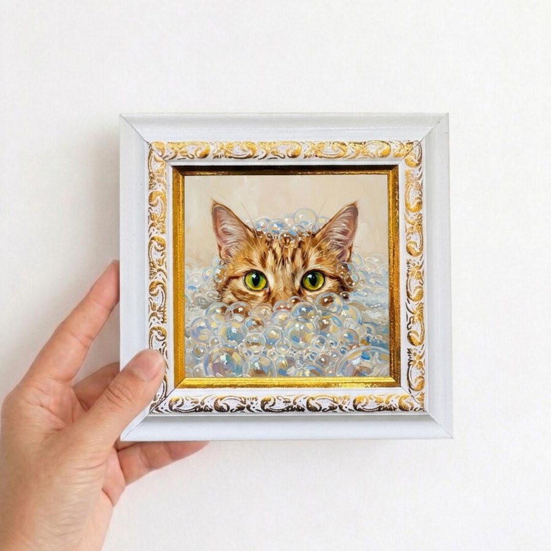 Whimsical Bubble Bath Cat Oil Painting Small Framed Canvas Wall Art - Etsy