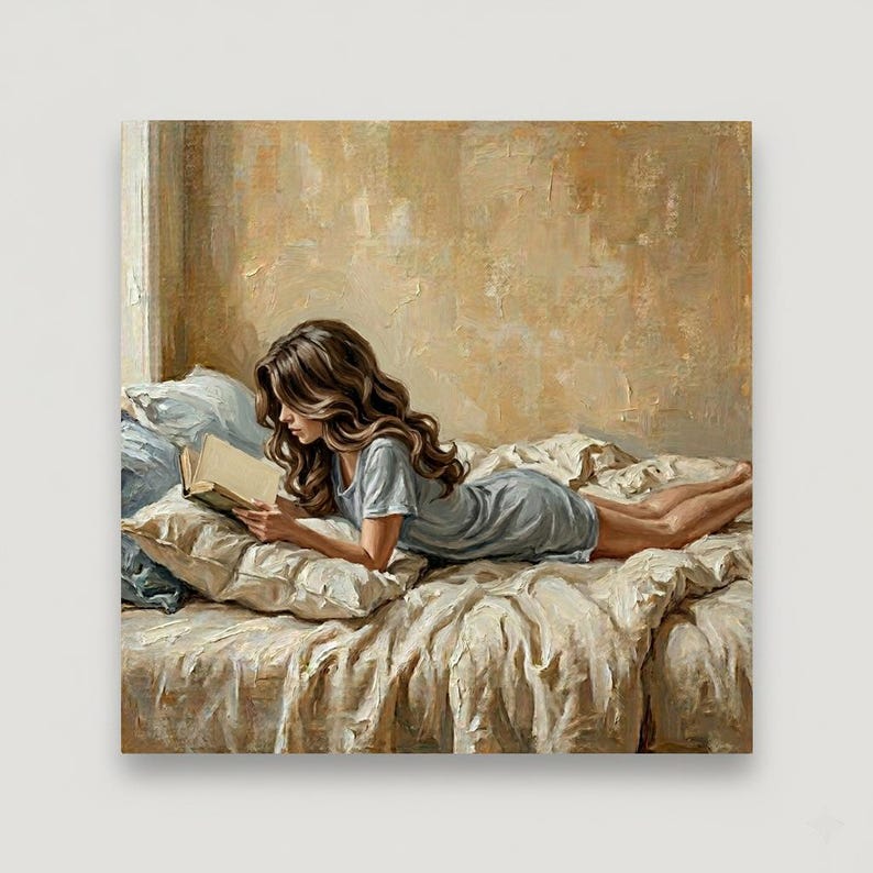 Reading in Bed Oil Painting Mini Framed Canvas Wall Art - Etsy