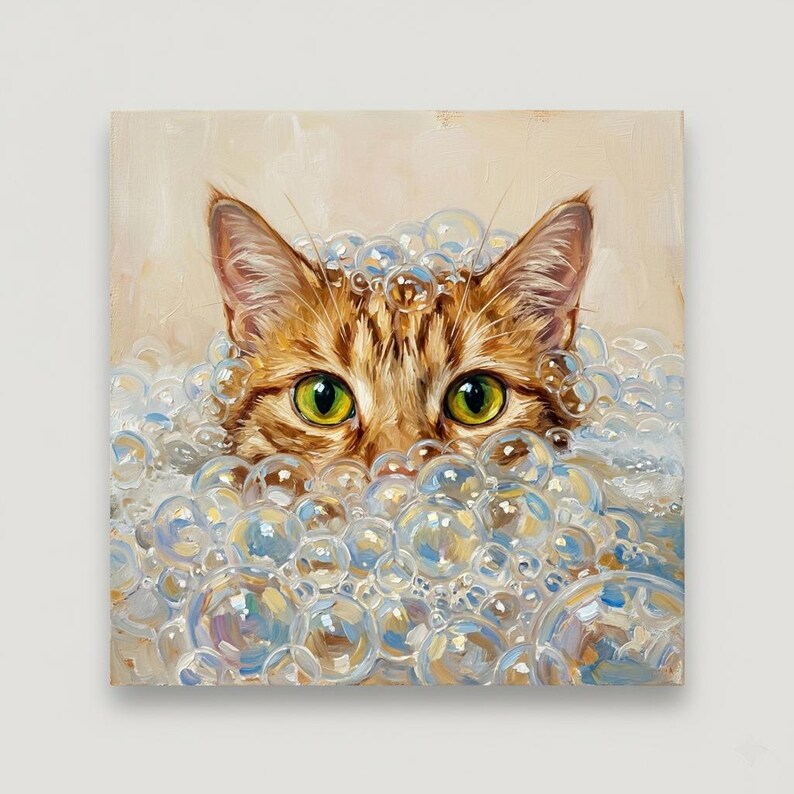 Whimsical Bubble Bath Cat Oil Painting Small Framed Canvas Wall Art - Etsy