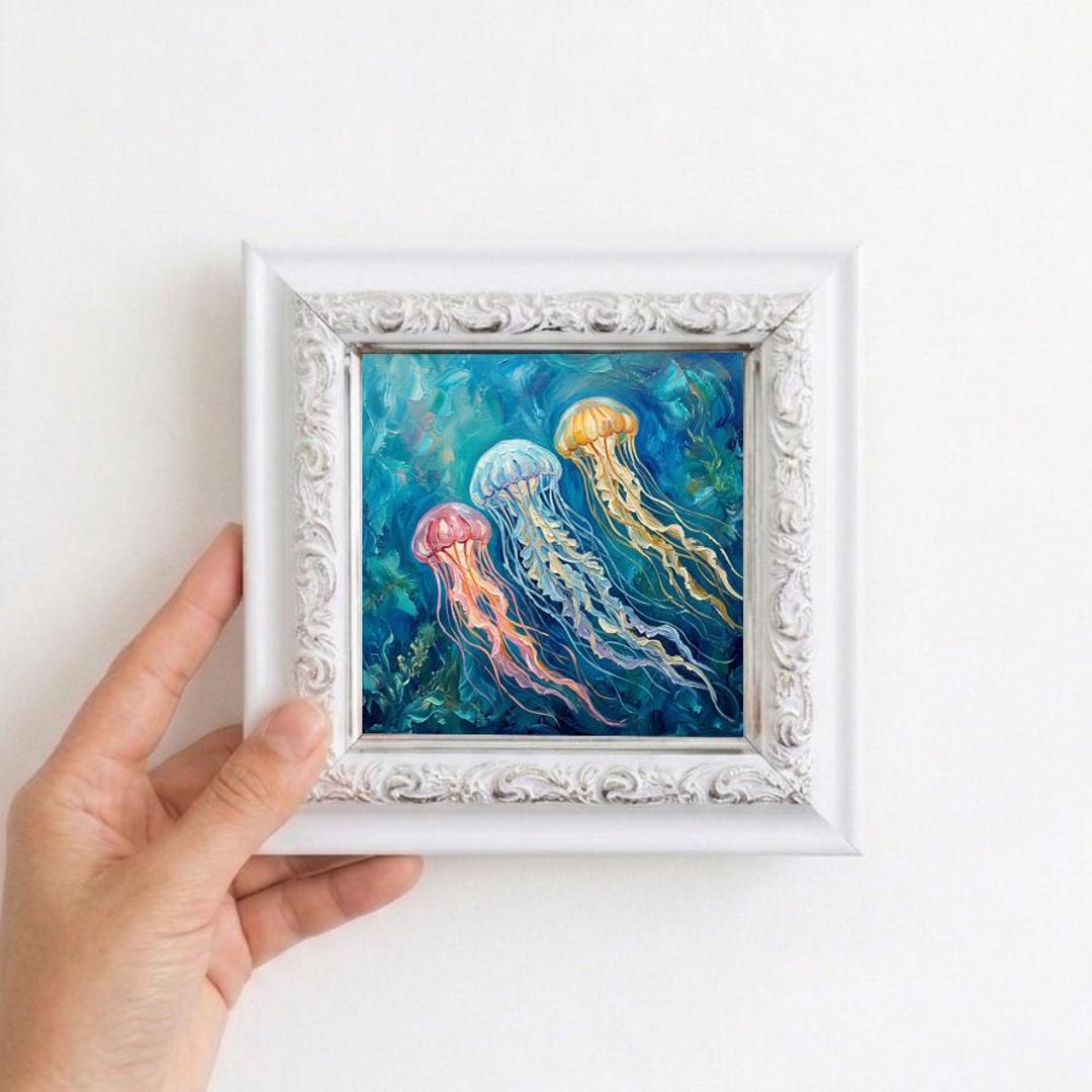 Whimsical Jellyfish Oil Painting Mini Framed Canvas Wall Art - Etsy