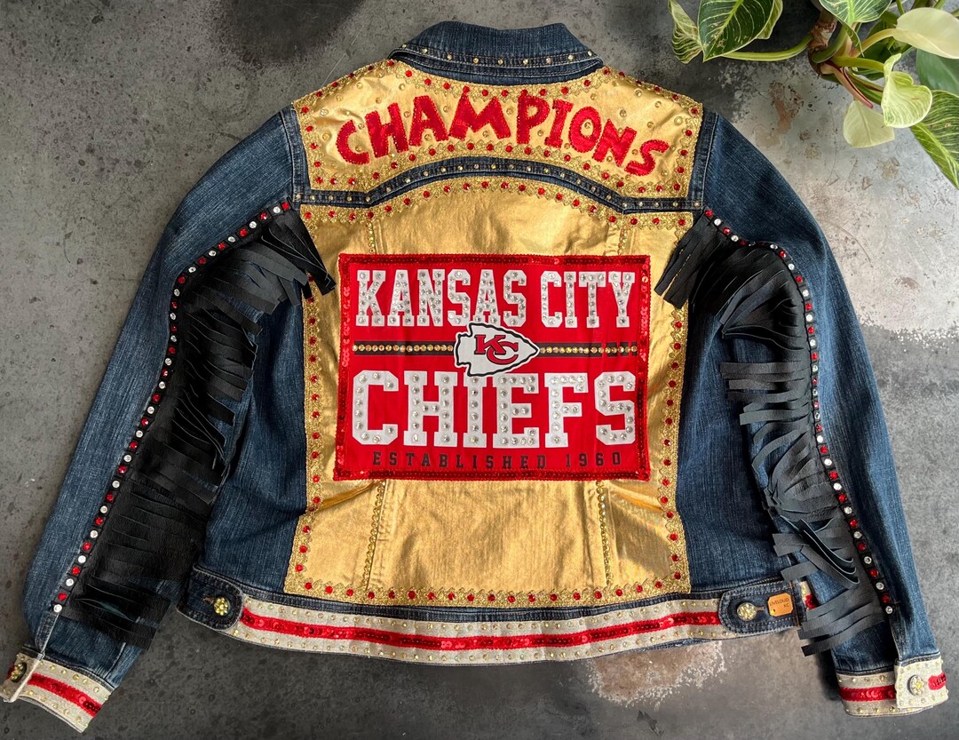 Custom Kansas City Chiefs Denim Blinged Jean Jacket, Genuine Leather ...