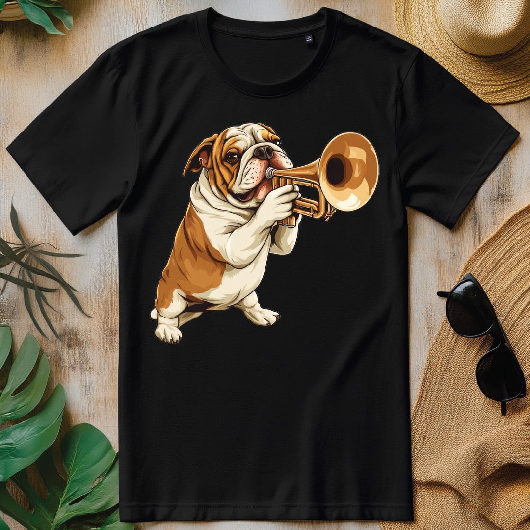 Cute English Bulldog Dog Playing Trumpet Musician Music PNG, Funny ...