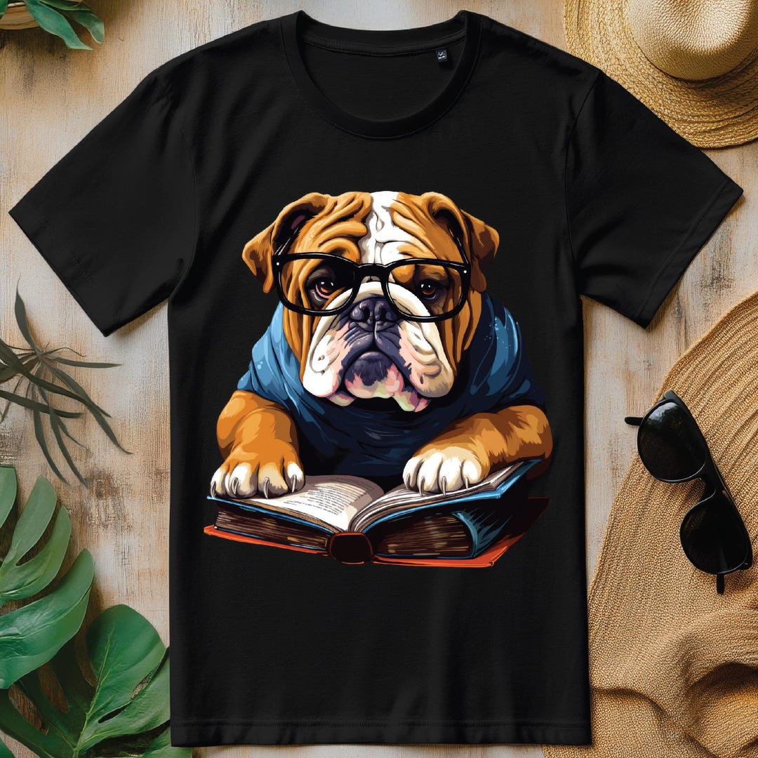 Cute Dog English Bulldog Reading Book PNG, Funny Bulldog Dog T-shirt ...