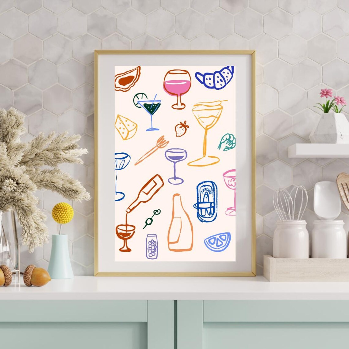 Minimalist Cocktail Line Art Print | Colorful Bar Wall Decor | Hand ...