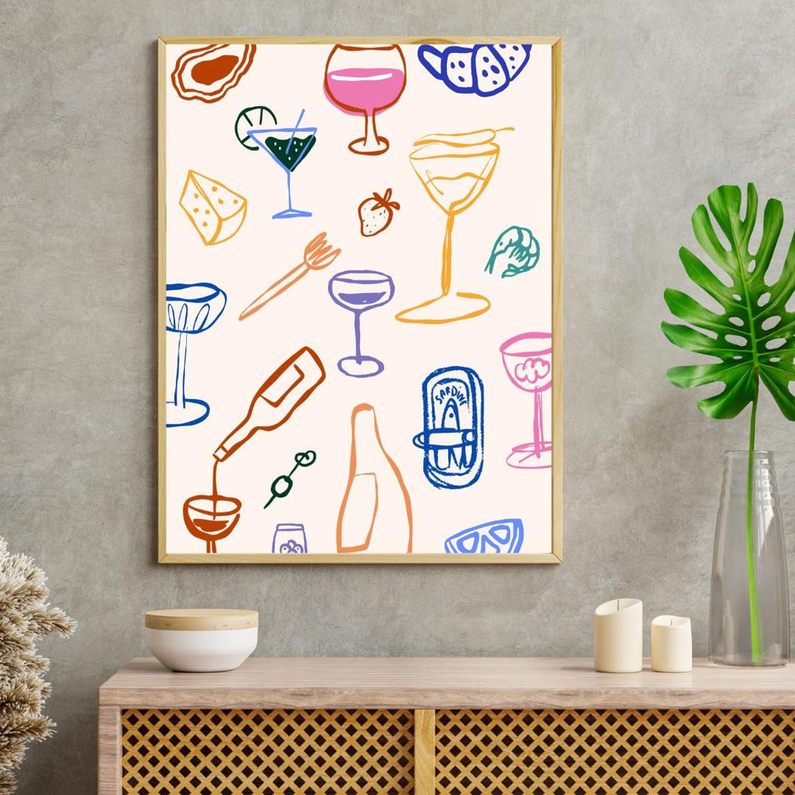 Minimalist Cocktail Line Art Print | Colorful Bar Wall Decor | Hand ...