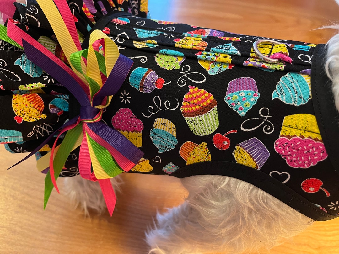 Cupcake Birthday Print Small Dog Double Ruffle Harness, Made in USA ...