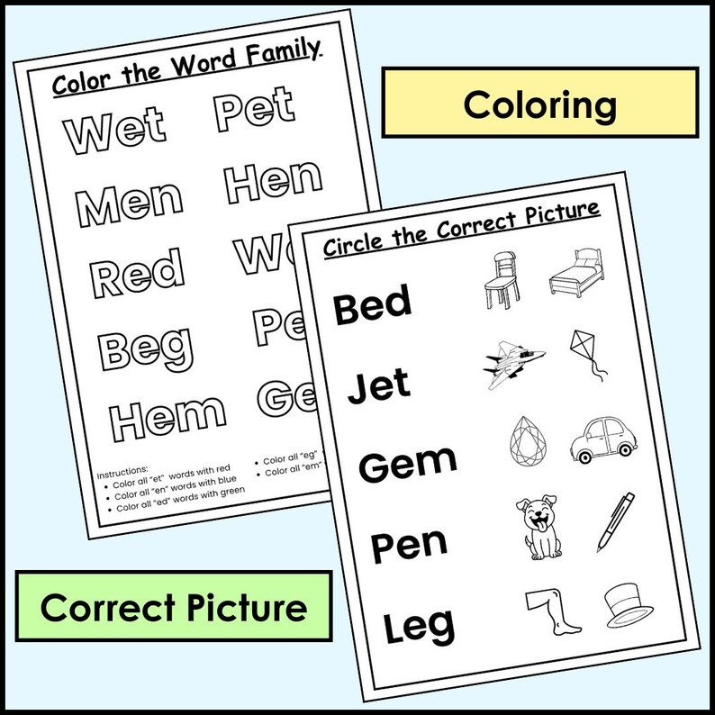 Short E Word Family Worksheets, CVC Words Phonics Activities for ...