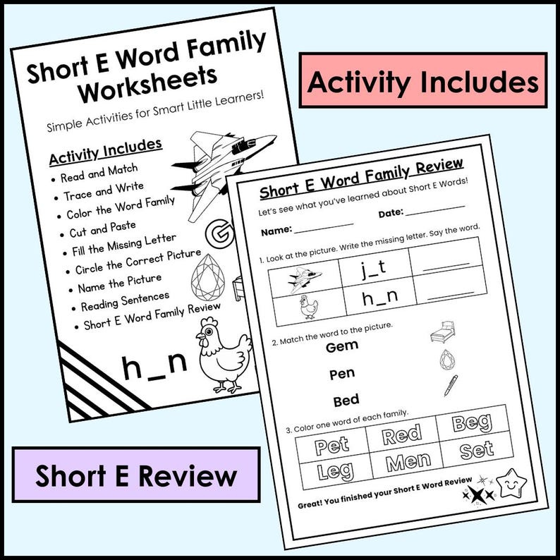 Short E Word Family Worksheets | CVC Words Phonics Activities for ...
