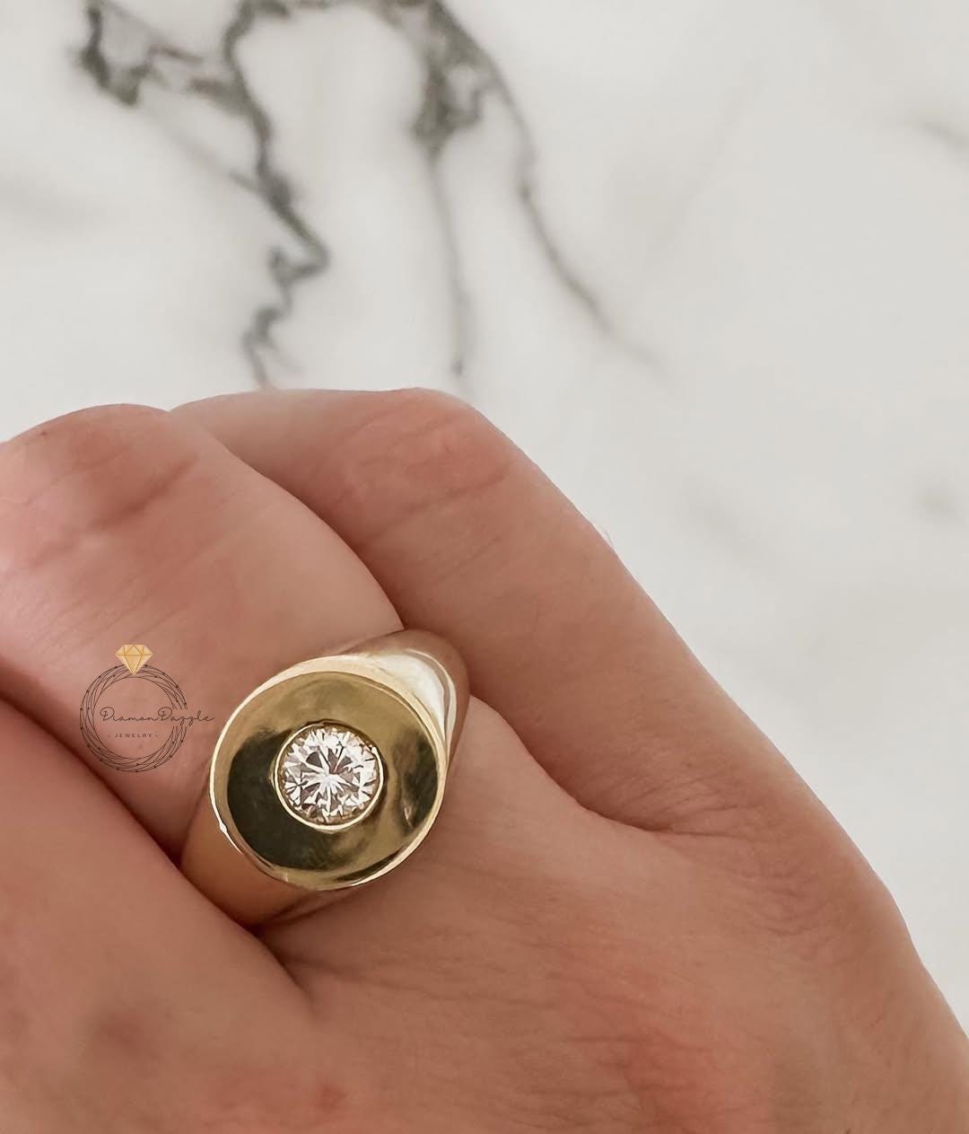Modern Gold Dome Signet Ring With Diamond – Minimalist Bold Statement ...