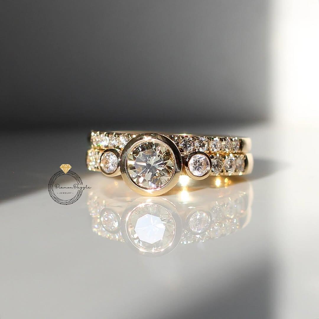 Diamond Bezel Engagement Ring Set – Solid Gold Bridal Duo - Etsy